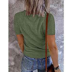 MEROKEETY Women's Short Sleeve V Neck Ribbed Knit Button T Shirts Henley Solid Color Summer Tops, Green, M