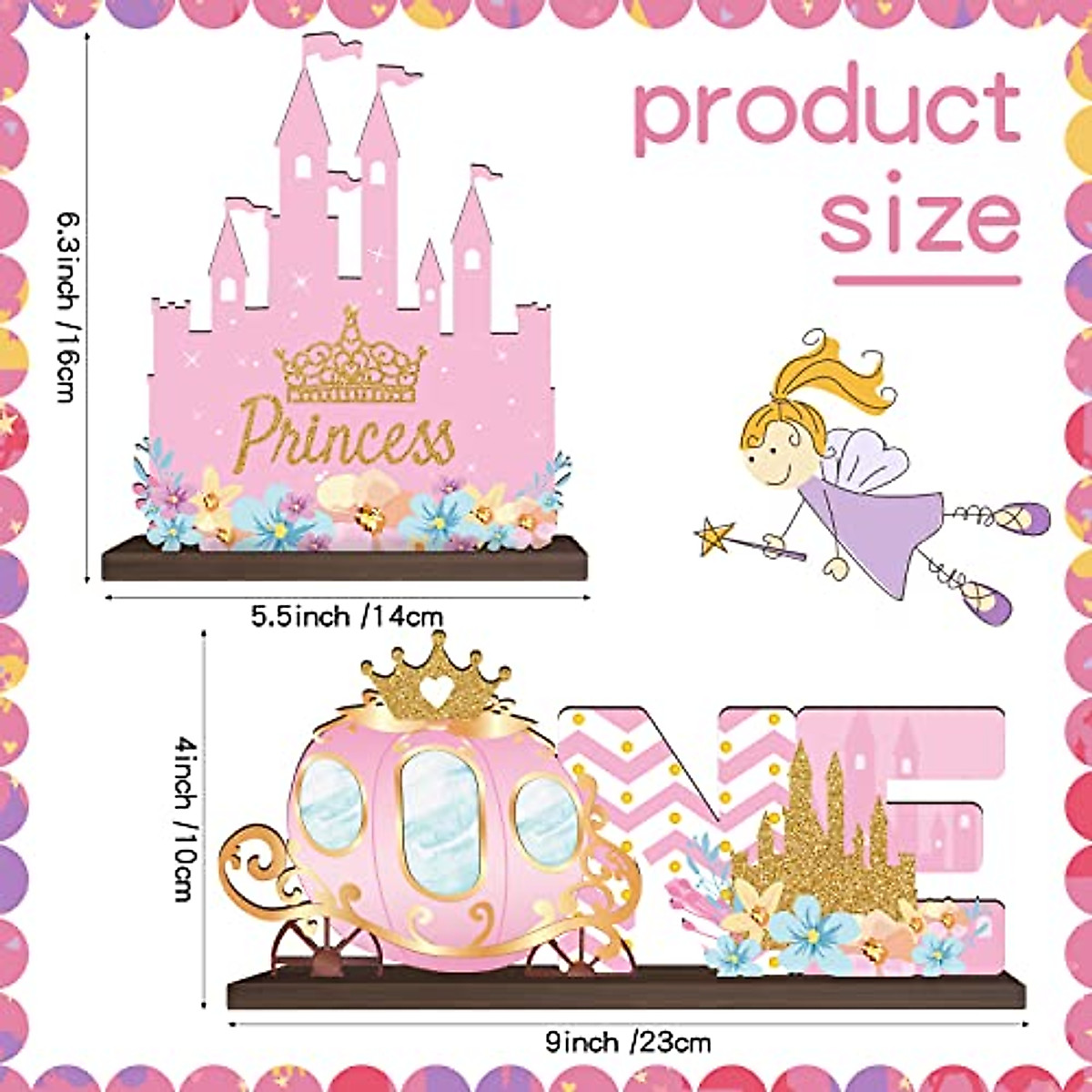 2 Pieces Princess Glitter One Letter Sign Wooden Centerpiece 1st Birthday Girl Decoration Princess Crown Centerpieces for Tables Baby Girl's Baby Shower Decor Supplies Photo Prop