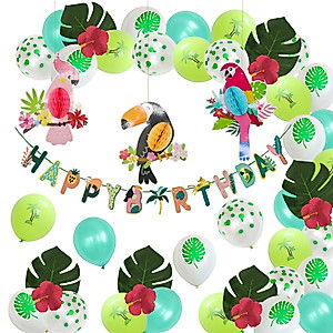 ADLKGG Hawaiian Birthday Party Decorations for Kids, Tropical Birds Parrot Toucan Honeycomb Paper Cutouts, Luau Happy Birthday Banner Palm Leaves Hibiscus Flowers Balloons for Summer Aloha Party