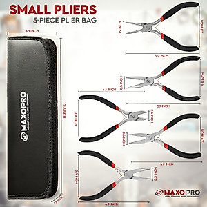 Premium Needle Nose Pliers Set – 5Pcs Anti-slip Comfort Grip Small Pliers Set - Round Nose, Toothless Needle Nose, Flat Nose, Diagonal & Toothed Needle Nose Pliers for Jewelry Making - By MaxoPro