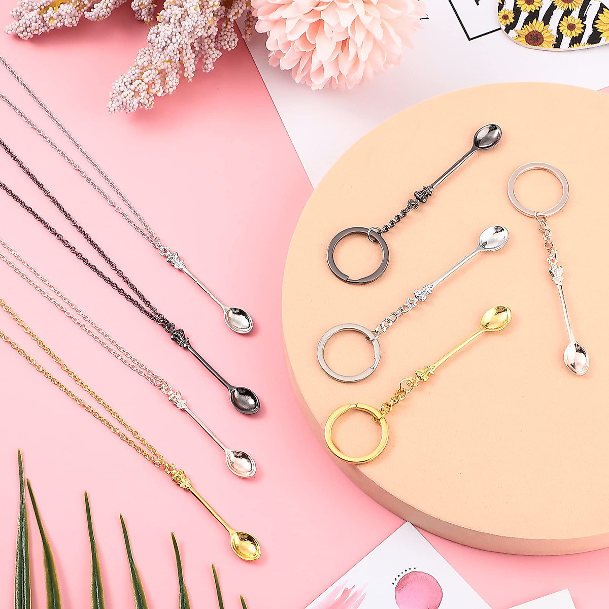 8 Pieces Mini Crown Spoon Necklace Crown Spoon Keychain Teaspoon Pendant Necklace Teaspoon Keyring Crown Teaspoon Mini Spoon for Filling Vials with Salts, Sand, Glitter with Necklace Loop Pendant