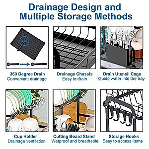 Dish Drying Rack Drainboard Set - with Swivel Spout, 2 Tier Large Capacity Rustproof Dish Rack with Cups Holder, Utensil Holder, Cutting Board Rack, 4 Hooks, Dish Drainer for Kitchen Counter