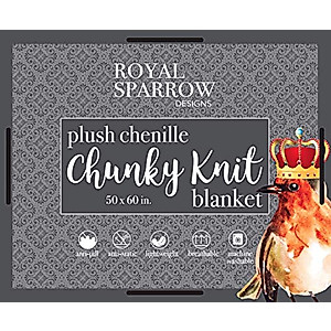 Royal Sparrow Designs Chunky Knit Blanket Throw Chenille-Hand Knitted Soft Plush Yarn, Beautiful Home Decor for Bed, Sofa, Chair, Machine Washable Cozy Bedding (Comfy Grey)