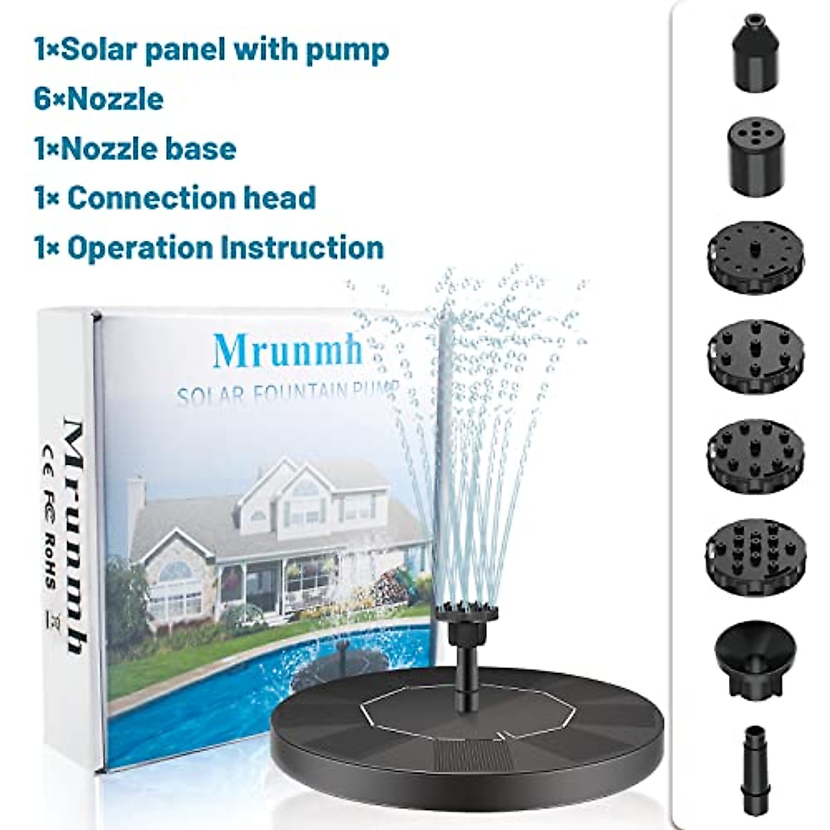 Solar Fountain,Bird bath fountains,Solar water fountain with 6 Nozzles,Solar fountain pump for Bird Bath 2.5W for Fish Tank,Garden,Pond,Outdoor, Pool
