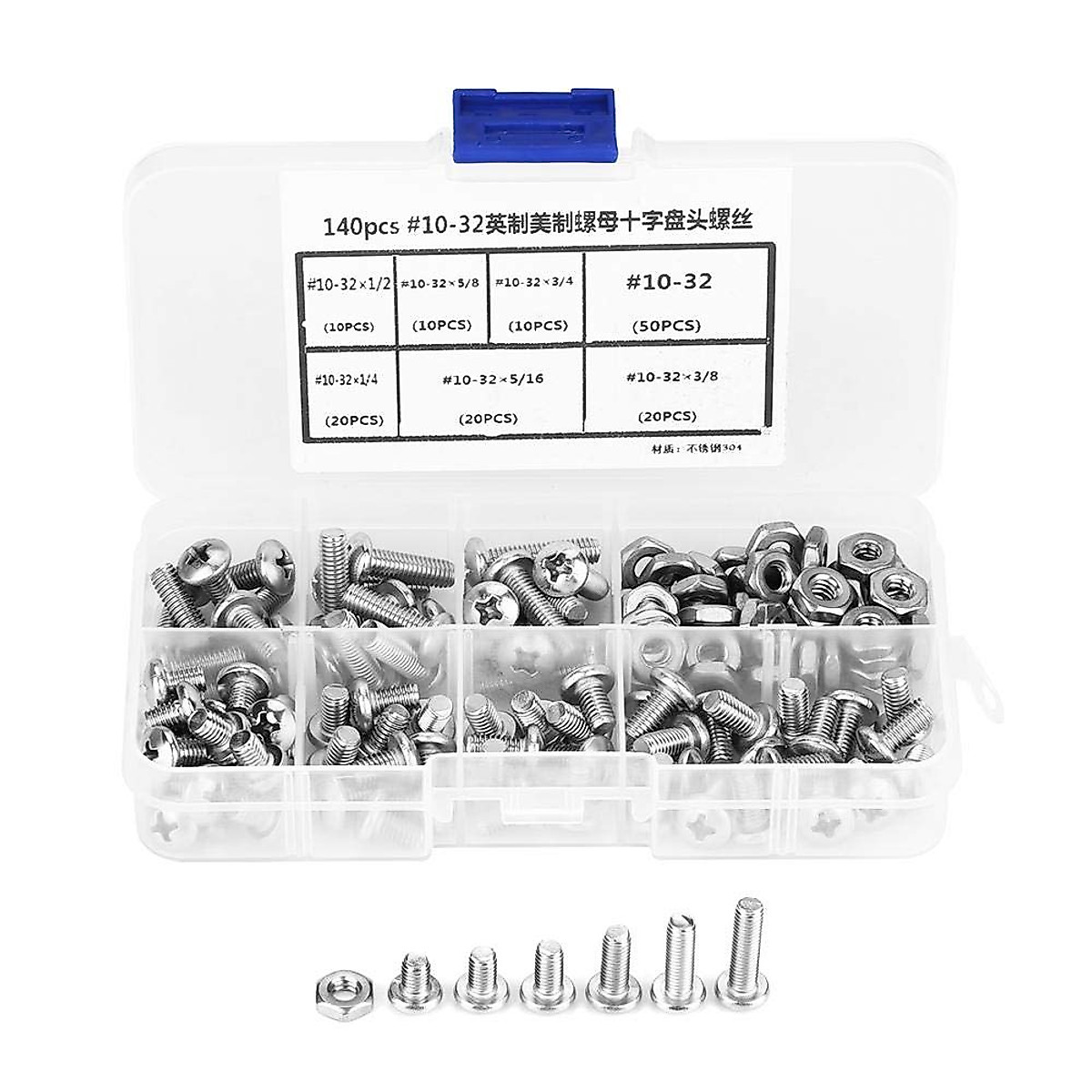140pcs #10-32 304 Screws and Nuts, Stainless Steel Pan Head Screws Kit Assortment Set Repair Tool Accessory