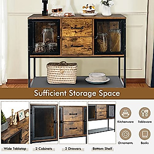 PETSITE Sideboard Buffet with Storage Cabinet, Industrial Coffee Bar Console Table Credenza with Mesh Doors, Drawers & Shelf for Kitchen Entryway, Rustic Brown