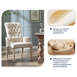 Restworld Dining Room Chairs with Arms,Tufted Upholstered High Back Nailed Trim with Untique Oak Wood Legs for Kitchen Restaurant Room Bedroom (Beige)