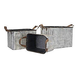 Foreside Home & Garden Rustic Set of 3 Whitewashed Pattern Galvanized Metal Decorative Storage Bins with Faux Leather Handles
