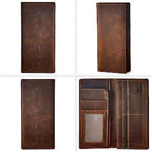 BRASS TACKS Leathercraft Vintage Top Grain Leather Long Wallet for Men Brown Cowhide Bifold Wallet Gift Box