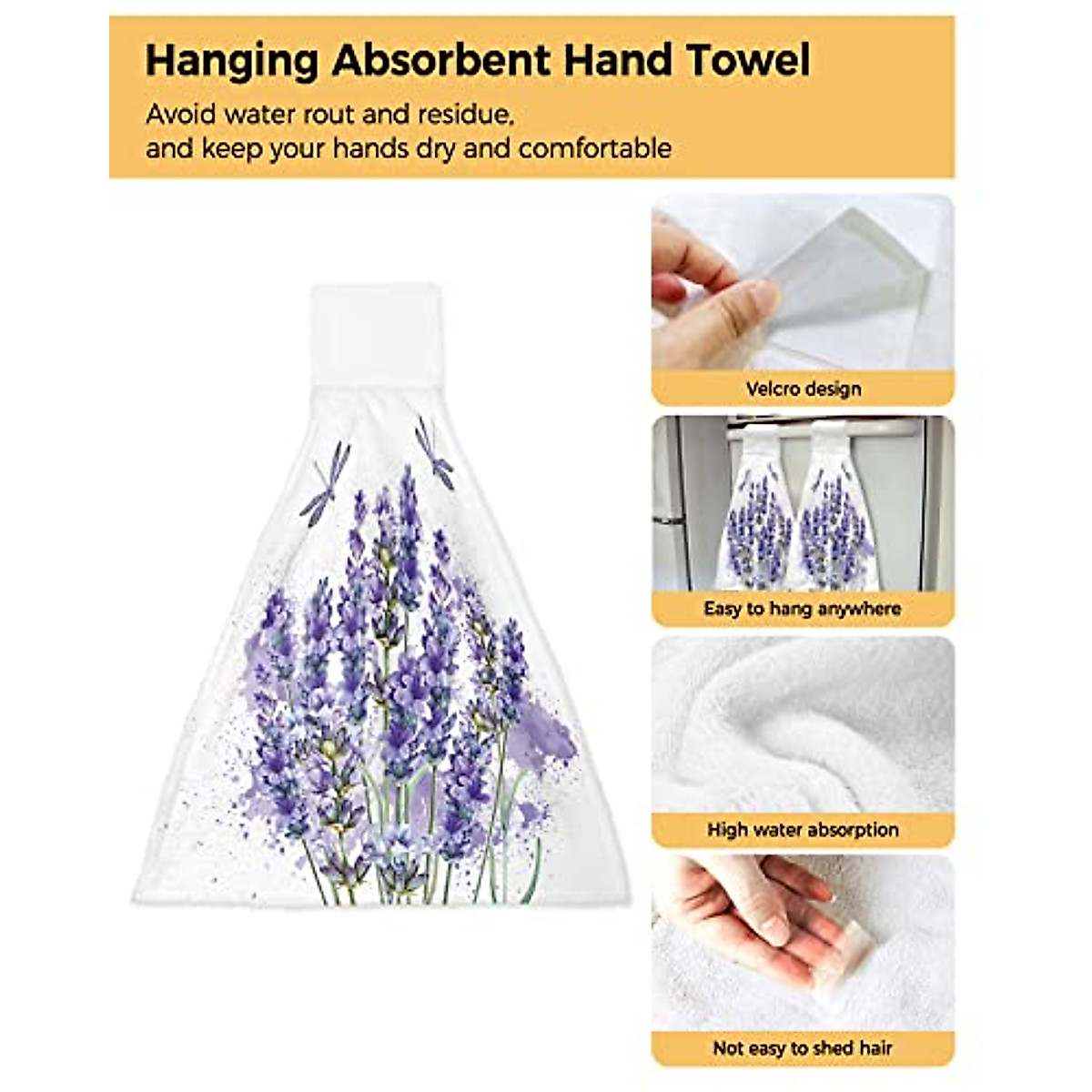 Hand Tie Towel Set of 2,Field Purple Lavender Floral Dragonfly Hanging Kitchen Towels with Loop, Absorbent Tea Bar Dish Towel Fast Drying Towels for Bathroom,Rustic Flower Plant Watercolor