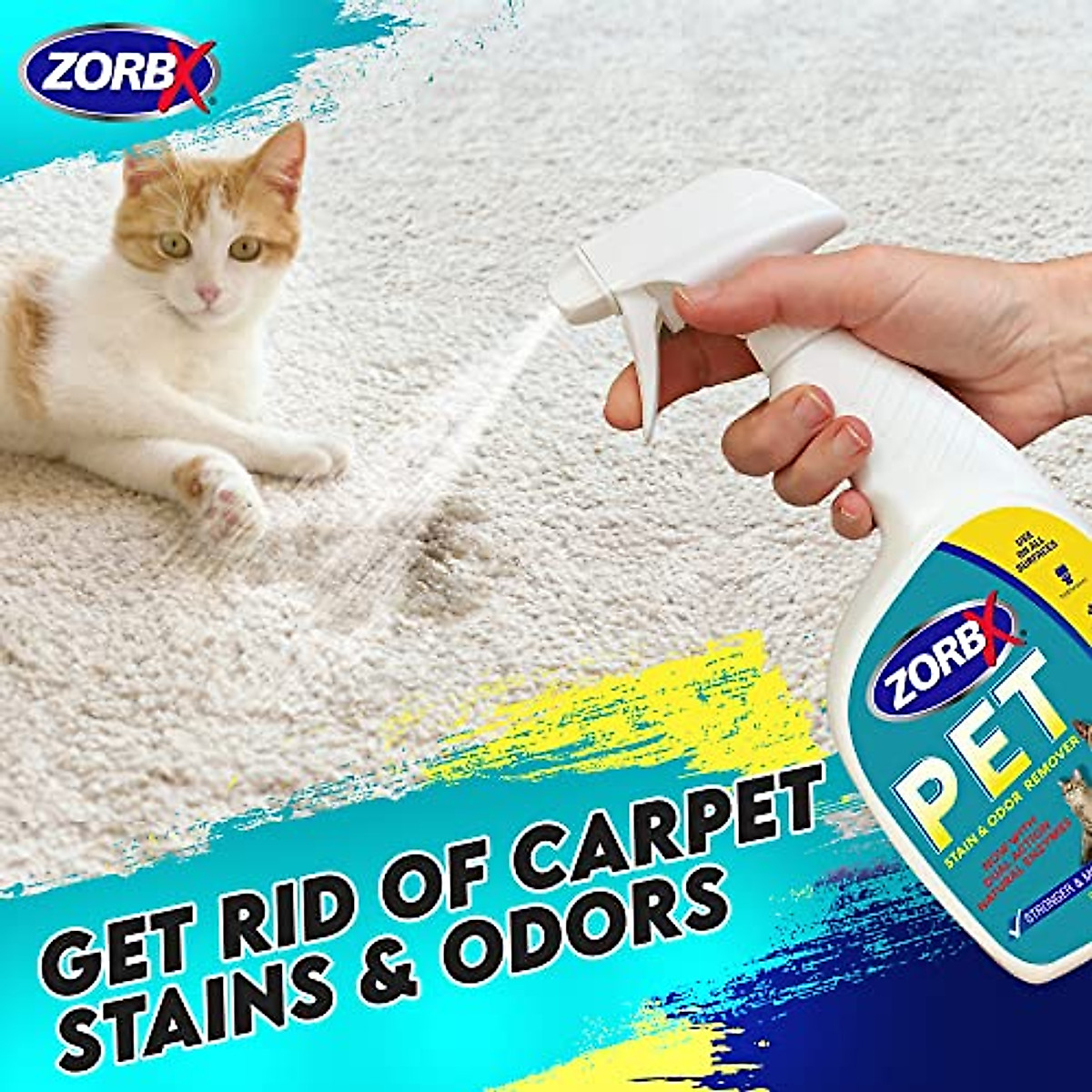 ZORBX Pet Stain and Odor Eliminator for Strong Odor - Dual Action Natural Enzymes Pet Odor Neutralizer & Stain Remover for Dog & Cat Urine | Carpet Cleaner Spray - 24 FL Oz