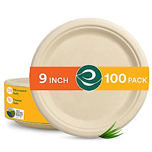 ECO SOUL 100% Compostable 9 Inch Paper Plates 100 [9", 100-Pack] Disposable Eco-Friendly Biodegradable Dinner Plates | Party, Wedding, Event Plates