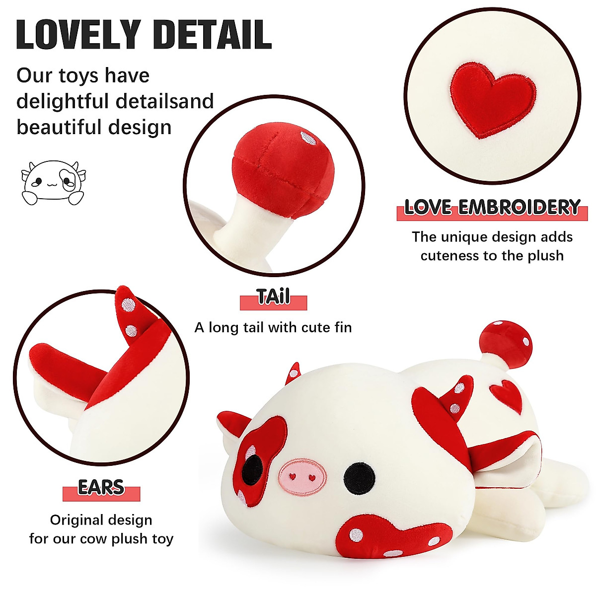Onsoyours Cute Cow Plushie, Soft Stuffed Mushroom Cow Squishy Plush Animal Toy Pillow for Kids (Red Mushroom Cow, 12")