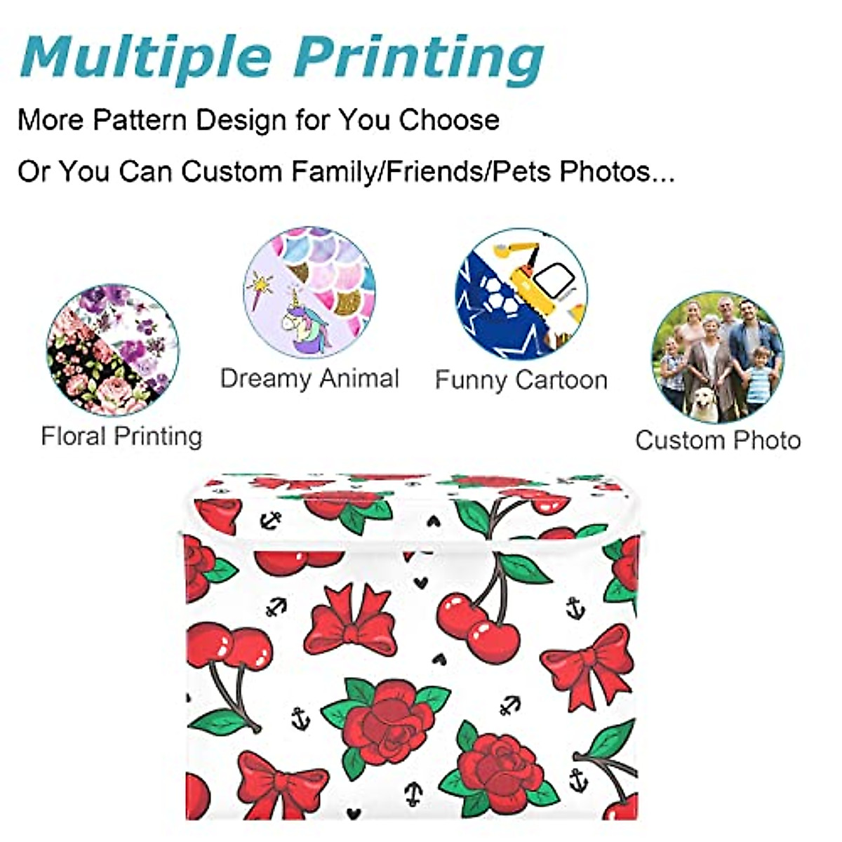 CaTaKu Rose Cherry Storage Bins with Lids and Handles, Fabric Large Storage Container Cube Basket with Lid Decorative Storage Boxes for Organizing Clothes