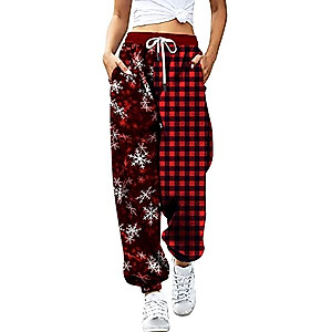Plus Size Sweatpants,High Waisted Sweatpants for Women Xmas Elastic Waisted Snowman Print Workout Active Joggers Drawstring Straight Leg Pants Santa Claus Print Wine XL