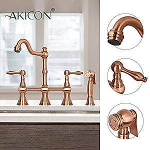 Two-Handles Copper Bridge Kitchen Faucet with Side Spray - 5 Years Warranty …