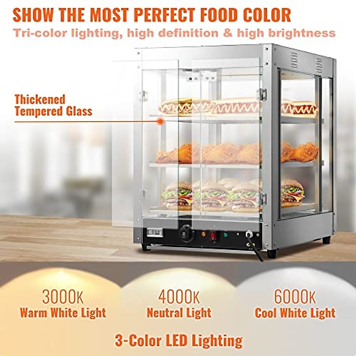 Commercial Food Warmer Countertop Pizza Cabinet with 3 Tiers, Convection Heating, Temperature Control, and Glass Display