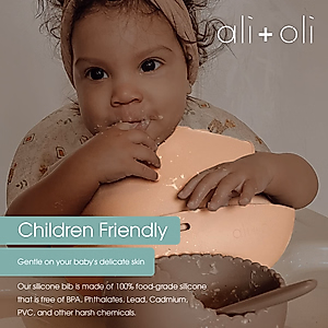 Ali+Oli Silicone Bib (Wavy, Lilac) Waterproof Silicone Bibs for Babies & Toddlers, Adjustable Baby Feeding Bib, Food-Grade Silicone Bibs with Food Catcher, Silicone Baby Feeding Bucket Bib