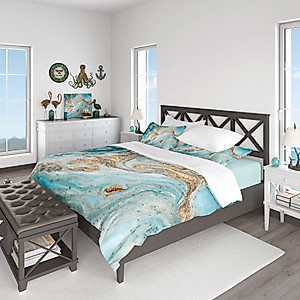 Abojoy Blue and Gold Duvet Cover Set Chic Boho Marble Surf Waves Ocean Current Printed Simple Style Ultra Soft and Easy Care Quilt Comforter Cover Set, Queen