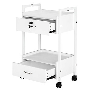 Salon Trolley Cart for Beauty SPA, Wooden Rolling Storage Station, White Mobile Utility Cabinet with 2 Drawers 1 Lockable, Medical Esthetic Supply Holder for Massage Tattoo Facials