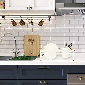 Modern Wood Handle Dish Rack and Drain Board, Attom Tech Home 16.5" x 12" x 5.5" Kitchen Plate Cup Dish Drying Rack Tray Cutlery Dish Drainer