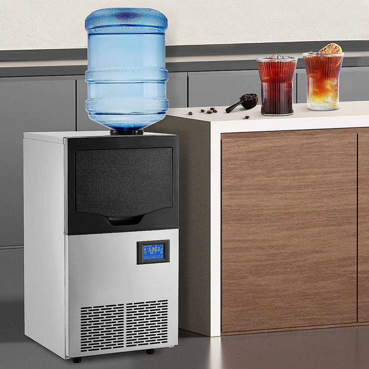 Commercial Ice Maker Machine, 140Lbs/24H with 2 Water Inlet Modes and 22Lbs Bin, Stainless Steel Under Counter/Freestanding Ice Machine for Home/Shop/Office/Bar,110V