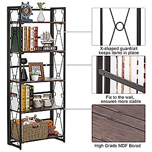 VECELO Bookshelf, 5 Shelf Folding Bookcase No Assembly, Industrial Metal Freestanding Shelves Rack Organizer for Living Room, Bedroom, Kitchen, Office, Dark Brown