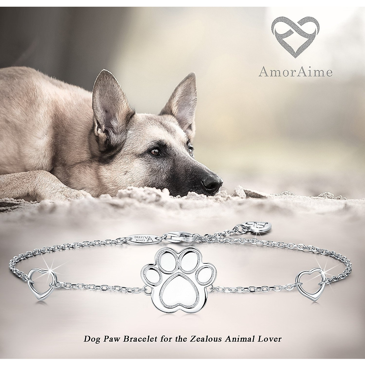 AmorAime 925 Sterling Silver Bracelet Dog Cat Paw Print of Love Heart Charm Adjustable Link Bracelets for Women for Pet Lover