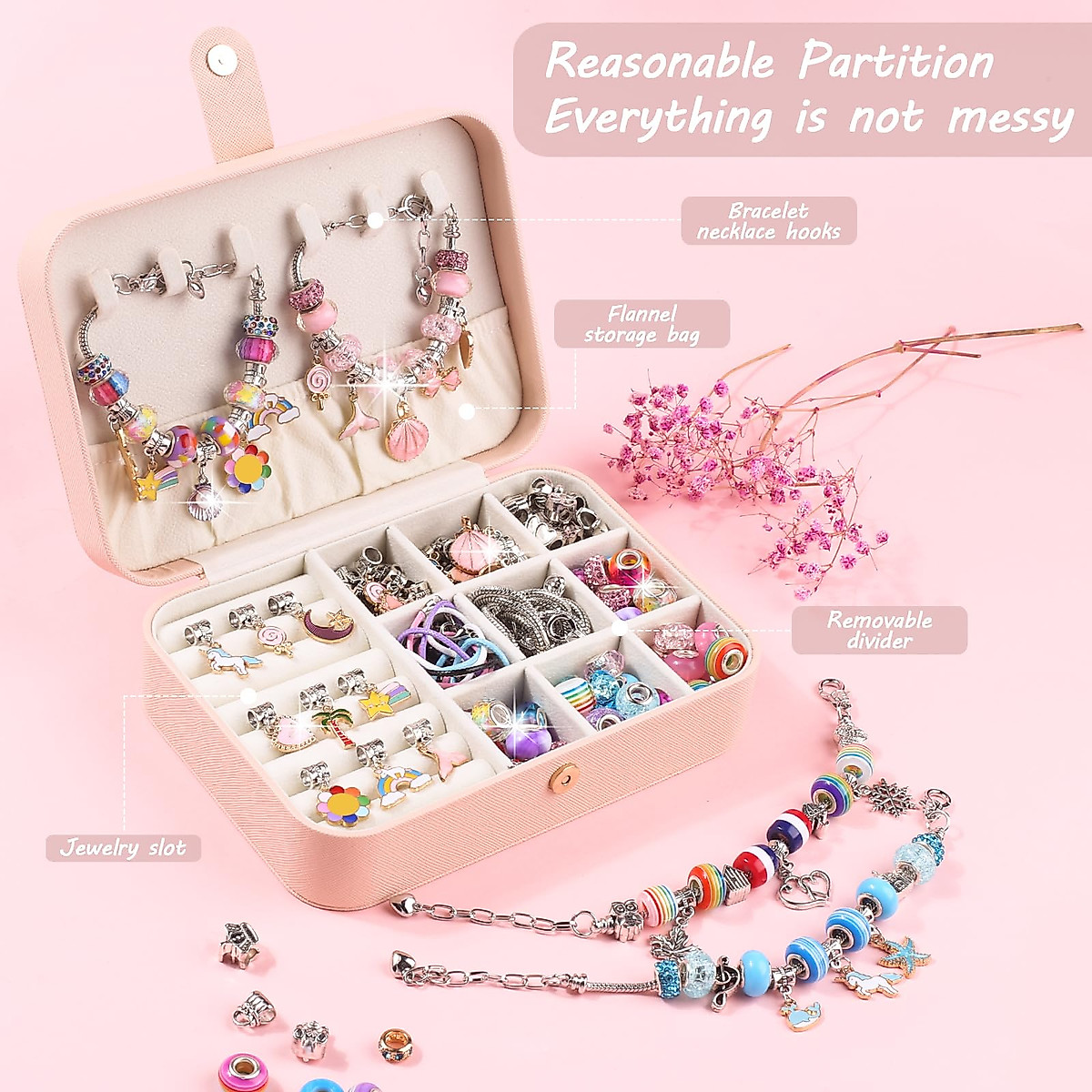 UFU Charm Bracelet Making Kit - Girls 120 Pcs DIY Beaded Jewelry Making Kit, Unicorn & Mermaid Gifts for Girls Toys Crafts for Teen Girls Ages 5 6 7 8-12, with a Portable Bracelet Organizer Box