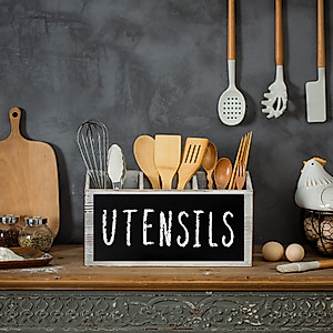 Hanobe Kitchen Utensil Holder with 3 Compartments & Chalkboard Front Panel：Wooden Cooking Utensils Organizer Vintage Washed White Cutlery Holder Rustic Flatware Utensil Caddy Countertop for Silverware