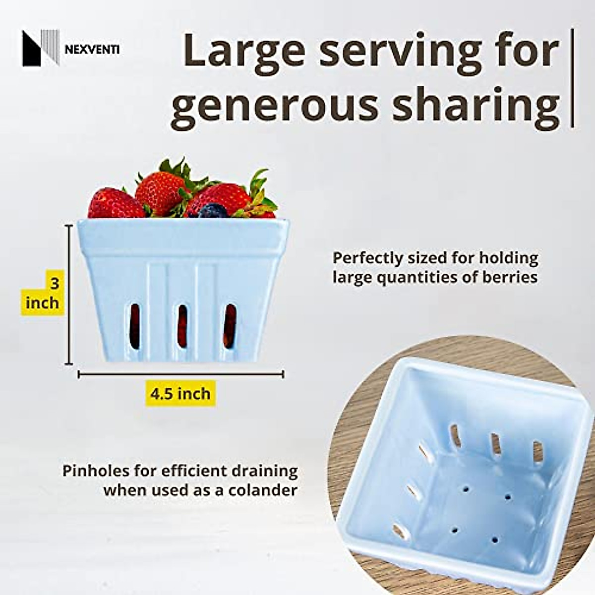 NEXVENTI Ceramic Berry Basket Bowl (Set of 4) | Strawberry Fruit Containers for Fridge | Square Fruit Bowl Farmers Market Harvest Basket | Berry Colander Glass Keeper Stoneware Kitchen Décor (Combi 2)