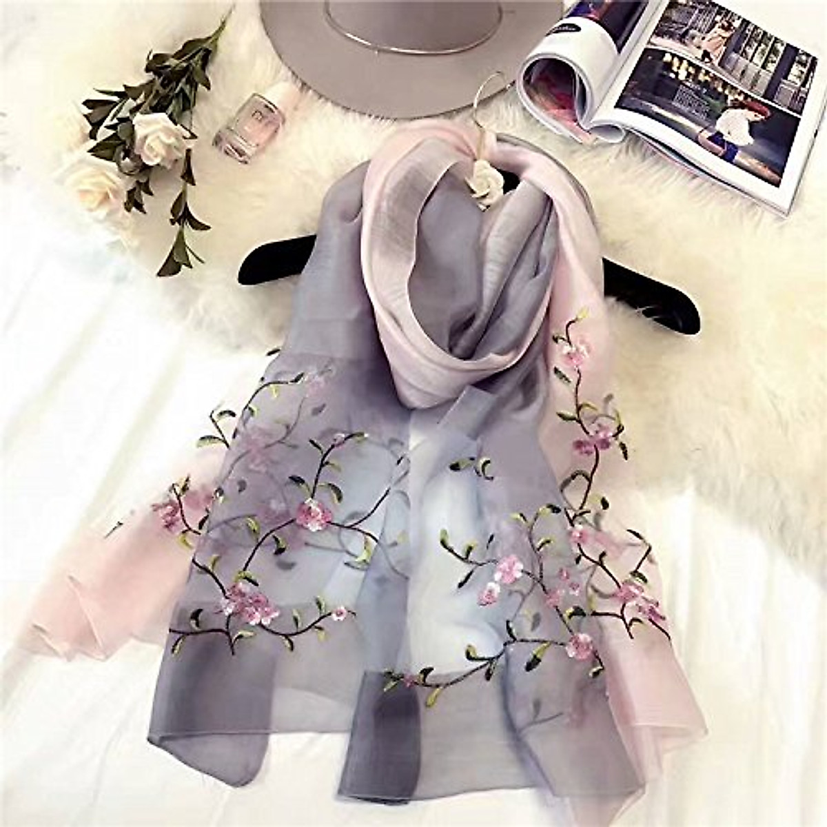 GOFINEE Women Silk&Wool Gradient Embroidered Scarf Headwrap Shawl Pink