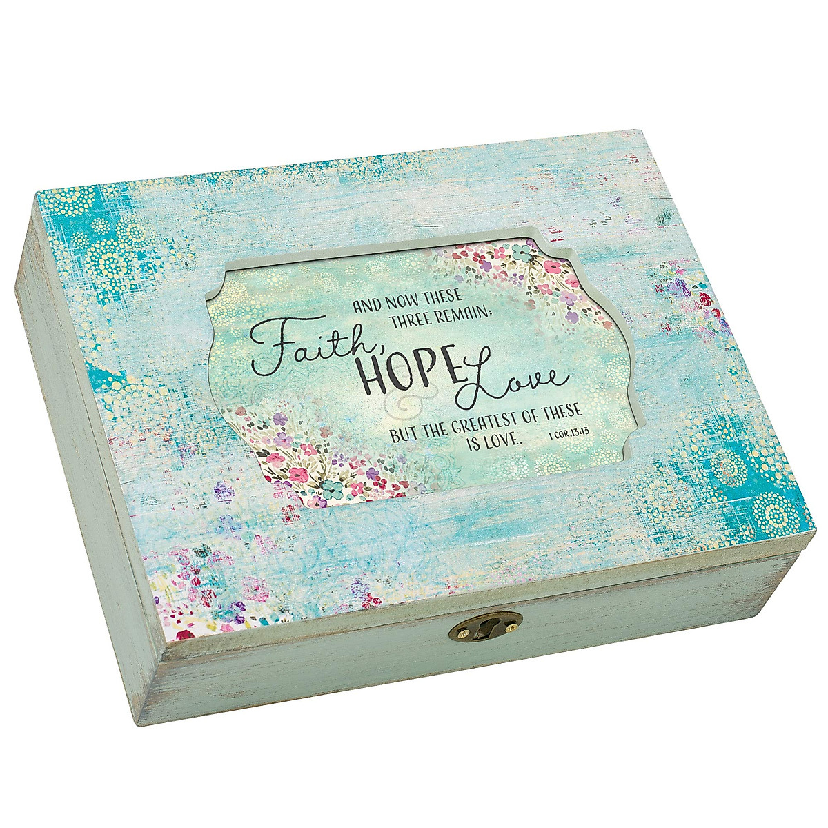 Cottage Garden Faith Hope Greatest is Love Aqua Medallion Decoupage Music Box Plays How Great Thou Art