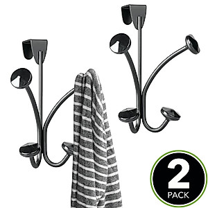 mDesign Decorative Over Door 4 Hanging Hooks, Steel Storage Organizer Rack for Coats, Hoodies, Hats, Scarves, Purses, Leashes, Bath Towels, Robes, Mens and Womens Clothing - 2 Pack - Matte Black