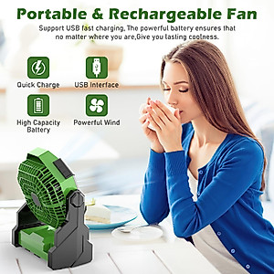 Camping Fan Rechargeable, 10400mAh Portable Battery Operated Camping Fan for Tents, Hangable USB Silent Camping Fans with LED Lantern, Suitable for Fishing, Camping, Bedroom, Workplace (Green)