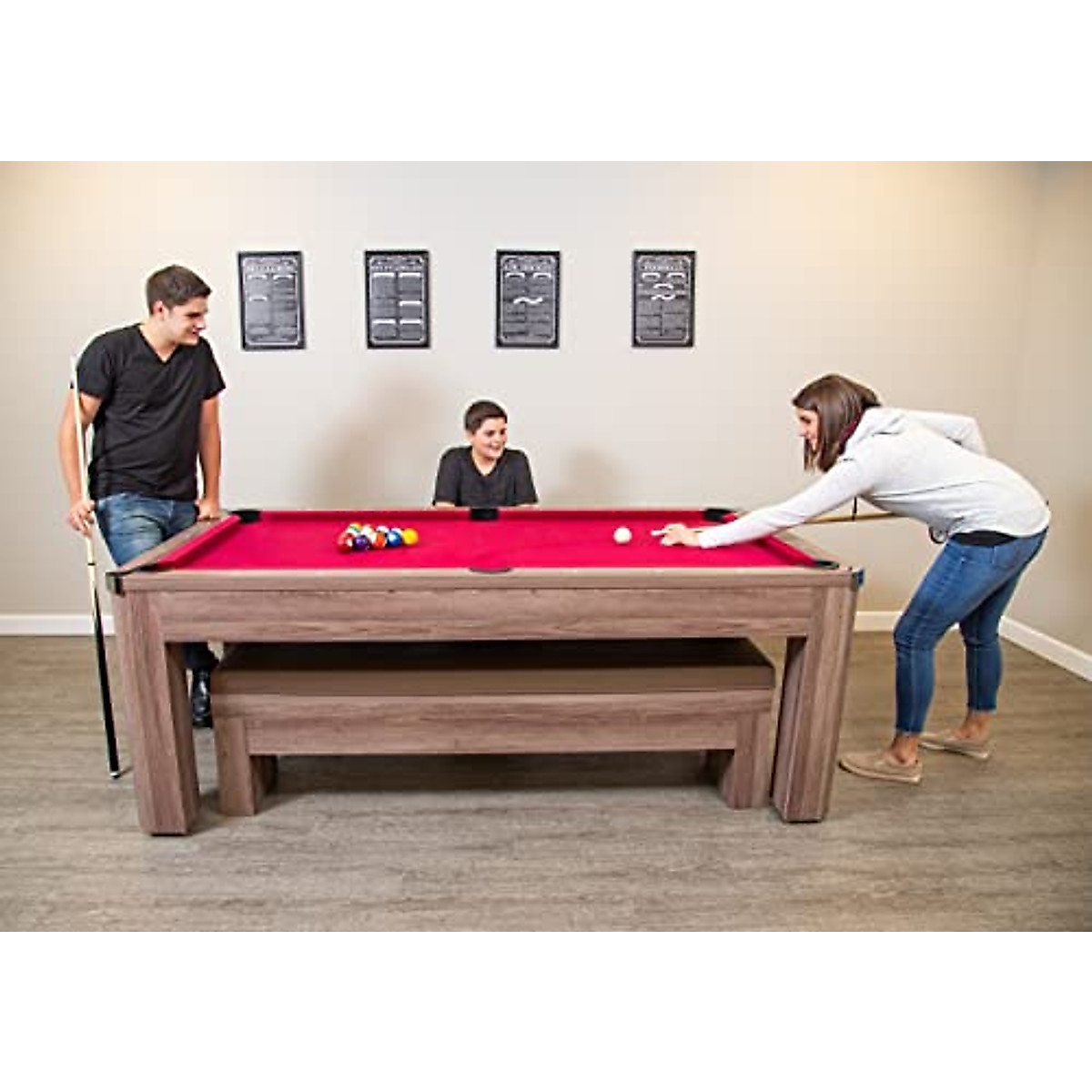 Hathaway Newport 7-ft Pool Table Tennis Combination with Dining Top, Two Storage Benches with Accessories - Driftwood