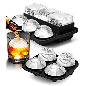 Ice Cube Tray with Lid, Silicone Ice Molds with Round, Square, Diamond, Rose, Large Ice Cube Mold for Whiskey, Bourbon, Cocktails, Easy Release BPA Free, Set of 2