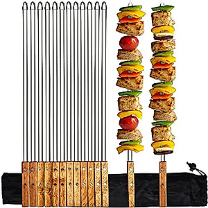Vokop 12 Pack Kebab Skewers 23.5 Inch Long Flat Stainless Steel Grilling BBQ Skewer Reusable Barbecue Skewers with Wood Handle,Ideal for Koubideh Persian Brazilian Chicken Shrimp Turkish Shish Kabob