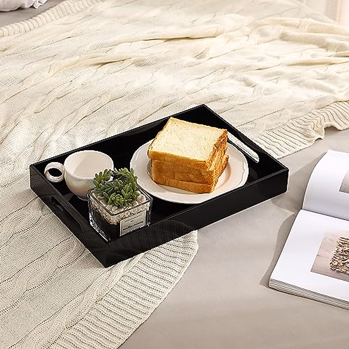 BEYLANG Glossy Black Sturdy Acrylic Serving Tray with Handles-12x20Inch-Serving Coffee,Appetizer,Breakfast,Butler-Kitchen Countertop Tray-Makeup Drawer Organizer-Vanity Table,Ottoman Tray-Decorative