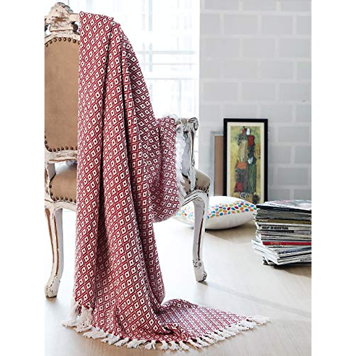Throw Blanket With Fringes in Mini Diamond Design 50x60 Inch -Red White, Cotton Throw For Sofa, Chair, Bed, & Everyday Use, Well crafted for durability, Farmhouse Throw,All Season Throw Blanket