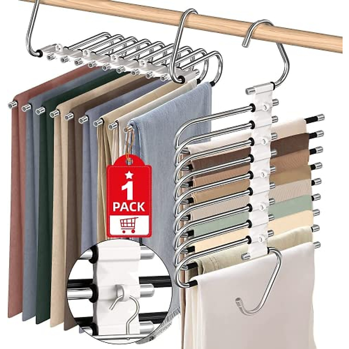 Upgrade 9 Layers Pant Hangers Space Saving, Non Slip Stainless Steel Multifunctional Pants Rack S-Type Clothes Pant Closet Hanger Organizer for Pants Jeans Trousers Scarf Skirts (1 Pack, Antiquewhite)