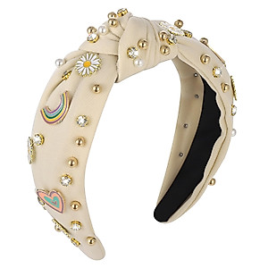XLSXEXCL Headband, Pearl Knotted Headband for Women - Beige, Boho Rainbow Daisy Headbands for Girls with Sparkly Crystal Rhinestone, Wide Pearl Knotted Twist Headband Headpiece Summer Accessories