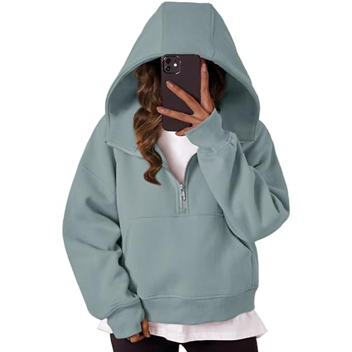 Trendy Queen Womens Hoodies Quarter Half Zip Pullover Oversized Sweatshirts Half With Pockets Fall Clothes GreyGreenM