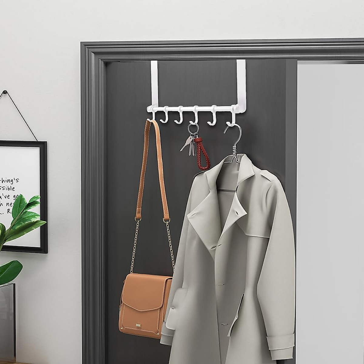 MGahyi Over The Door Hooks Hanger, Moving 6-Hooks,Over Door Towel Rack,Door Coat Hanger, Upgraded Long Arms for Bathroom Accessories (White)