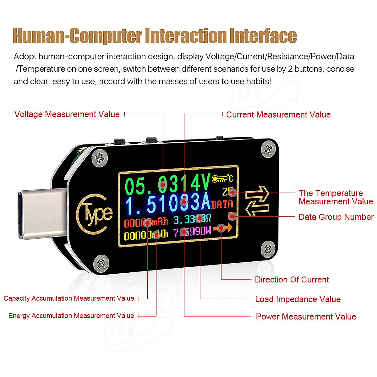 MakerHawk USB Power Meter, TC66 USB Tester Type C USB Voltage Meter and Current Tester, 0.96 Inch IPS Color LCD Display Power Tester Multimeter PD Ammeter Voltmeter QC 2.0 3.0