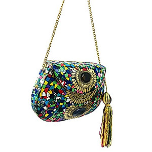 Antique Indian art Handmade Multi color Stone mosaic metal bag Women/Girls Bridal metal clutch party sling bag