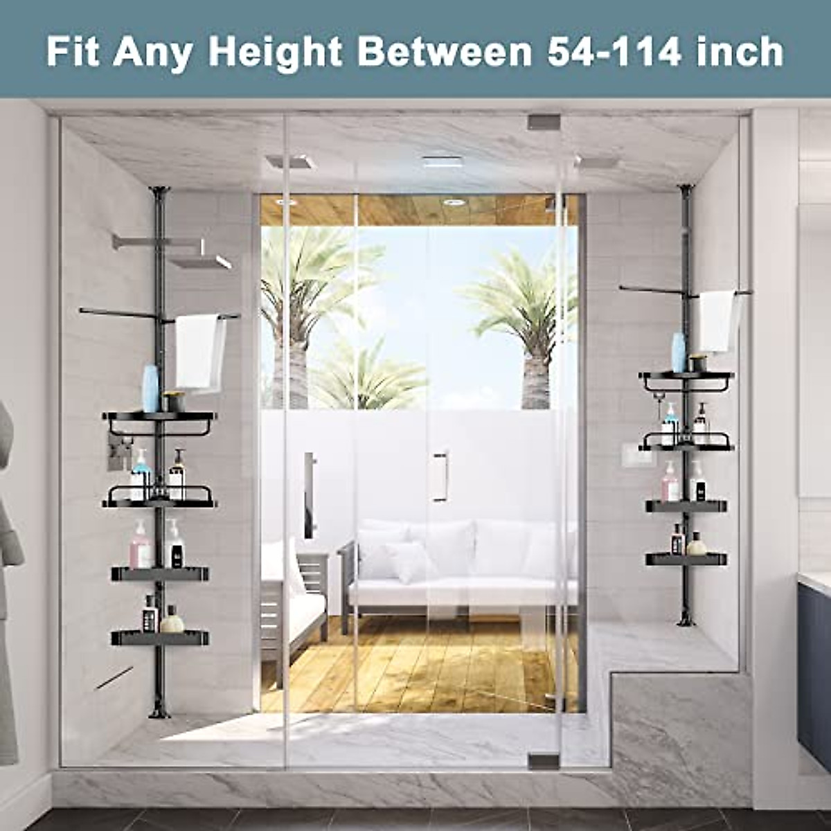 Corner Shower Caddy Tension Pole - Shower Organizer Tension Pole with 4 Shelves,Rust Resistant Stand Tension Rod Shower Caddy for Bathtub,Bathroom,RV,Kitchen Storage - Black,54-114” Adjustable