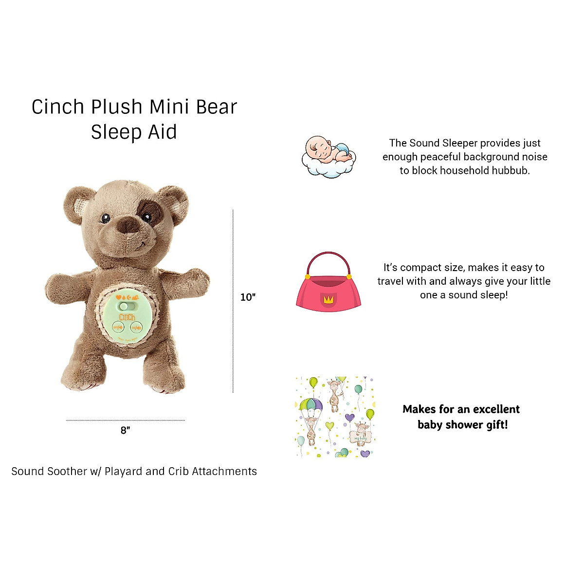 Cinch by dexbaby Plush Mini Bear - Sleep Aid Womb Sound Soother w/ Playard and Crib Attachment