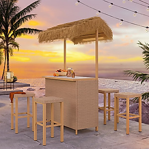 Grand patio Outdoor Tiki Bar Set with Widen Ceramic Top (42" W), Phuket 5-Piece Wicker Islander Tiki Bar and 4 Stools Storage for Garden, Natural