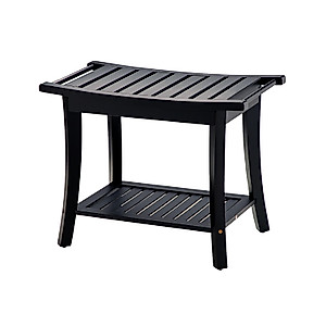 OasisSpace Bamboo Shower Bench with Storage Shelf, 24" Black Shower Stool for Inside Shower Waterproof, Spa Seat Bath Stool Organizer for Shaving Legs, Bathroom Shower Chair for Adults Elderly